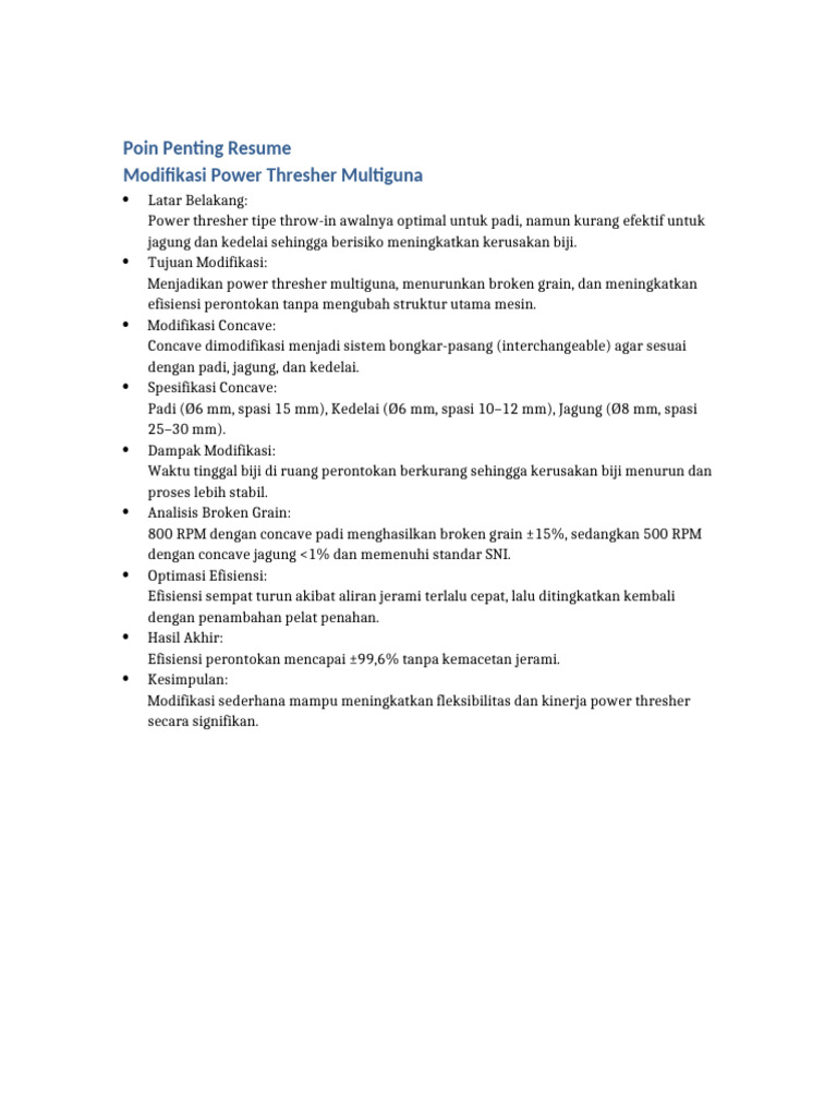 Poin Penting Resume Modifikasi Power Thresher | PDF