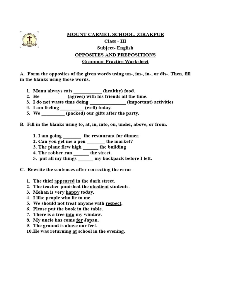 English Grammar Worksheet Grade 3 | PDF