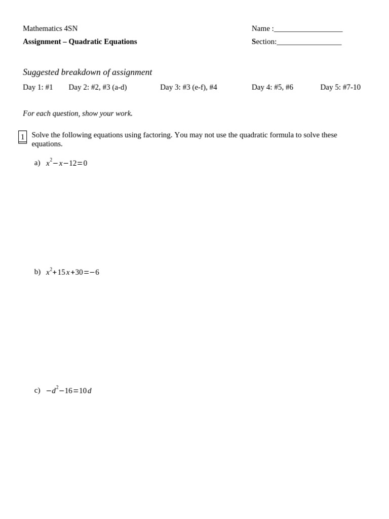 Assignment Quadratic Equations - Mathematics 426 SC | PDF | Quadratic ...