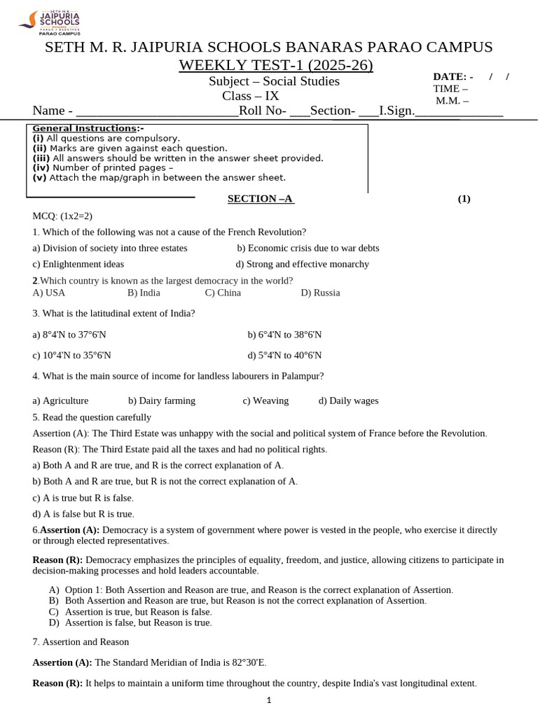 (Weekly Test-1) Question Paper History | PDF | Reason | Democracy