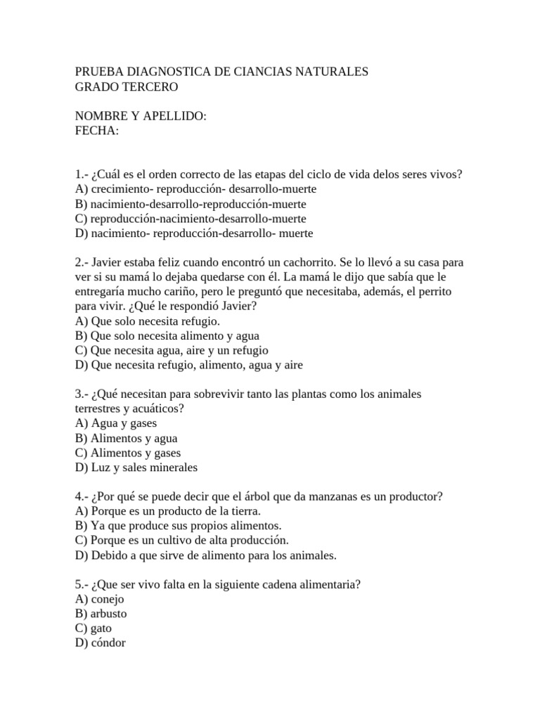 Prueba Diagnostica de Ciancias Naturales Grado Tercero | PDF
