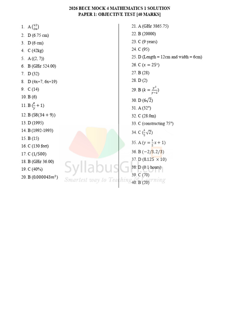 2026 Bece Mock 4 Mathematics 1 Solution | PDF