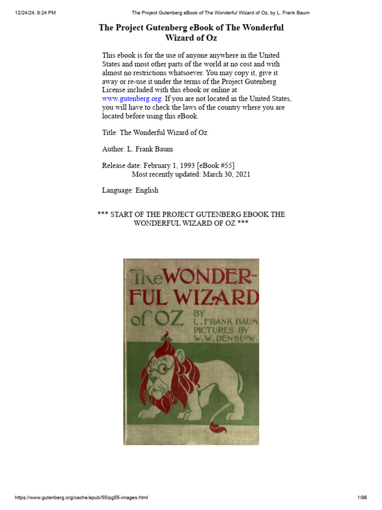 The Wonderful Wizard of Oz, by L. Frank Baum | PDF | Dorothy Gale | The ...