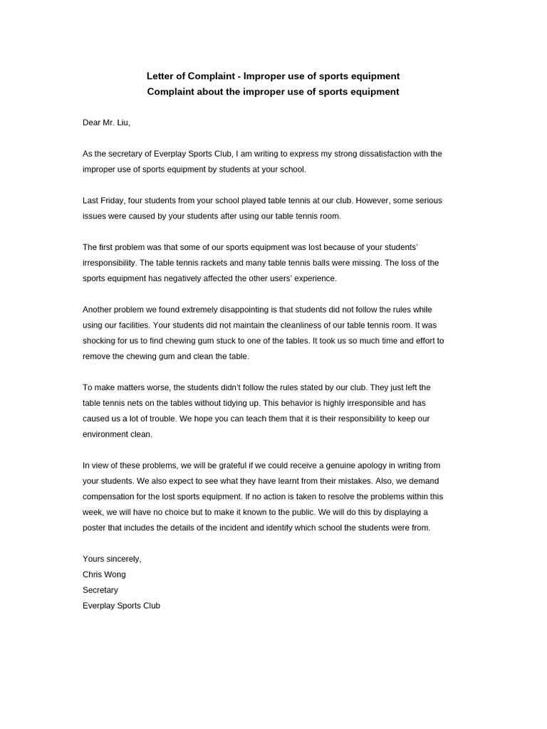 Letter of Complaint - Improper Use of Sports Equipment | PDF