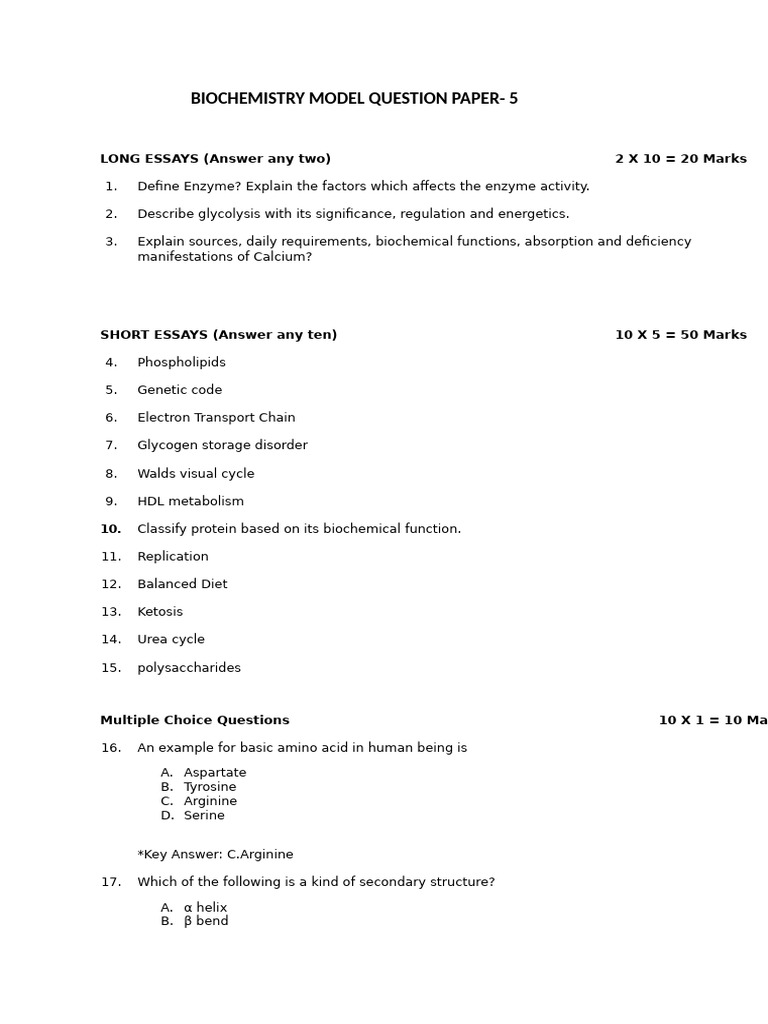 Biochemistry Model Question Paper | PDF | Biochemistry | Chemistry