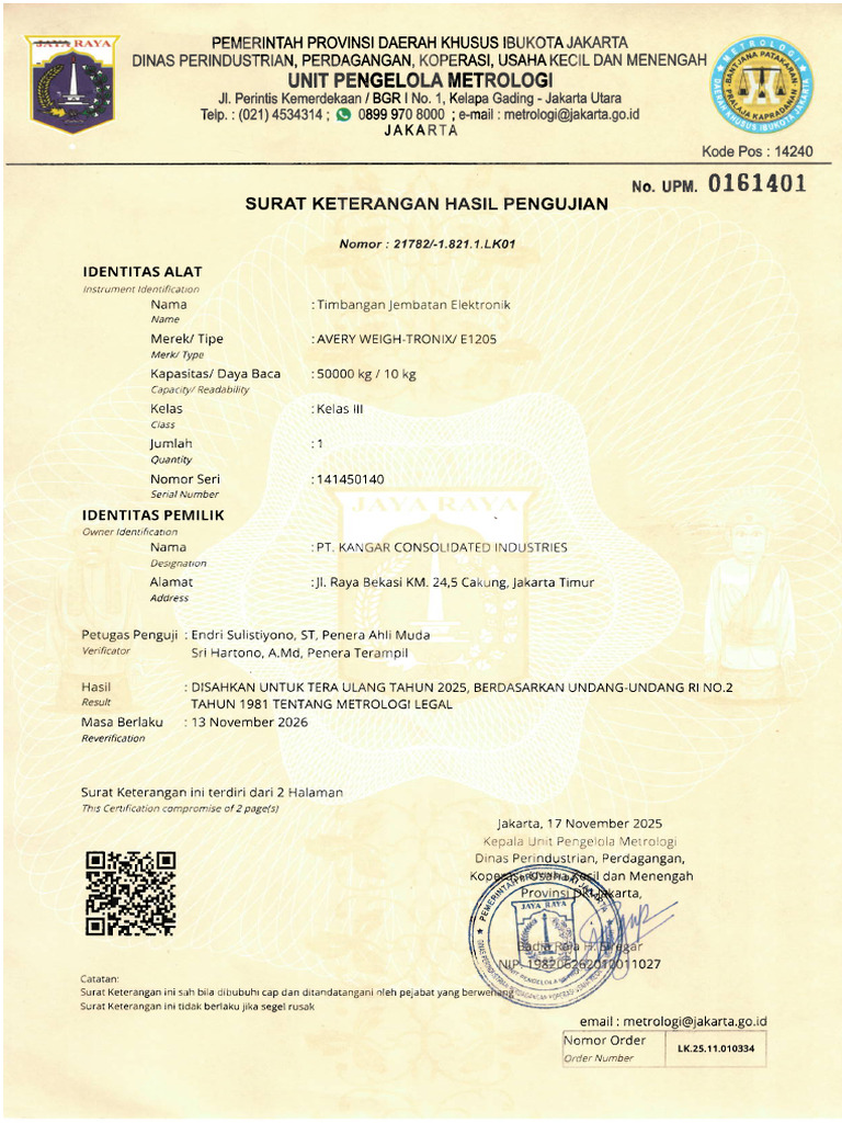Certificate Weight Bridge Nov25-Okt26 | PDF