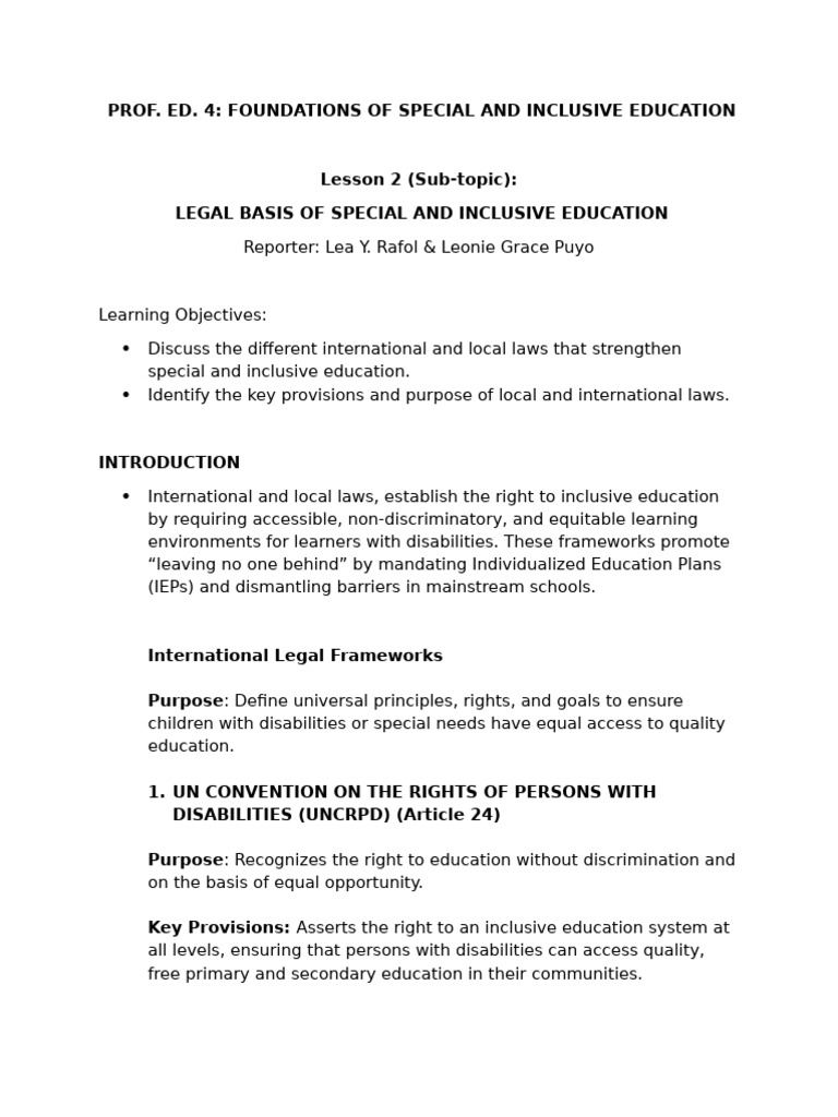 Legal Basis of Special and Inclusive Education | PDF | Inclusion ...