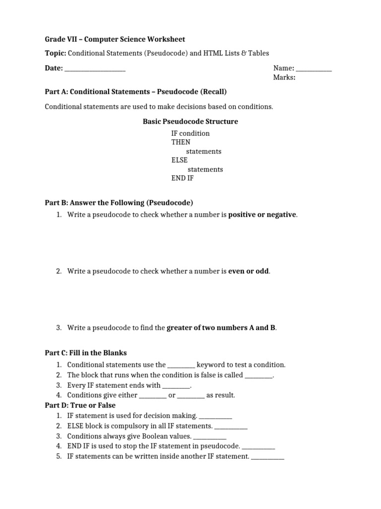 Grade Vii – Conditional Statements (Pseudocode) and HTML Worksheet ...