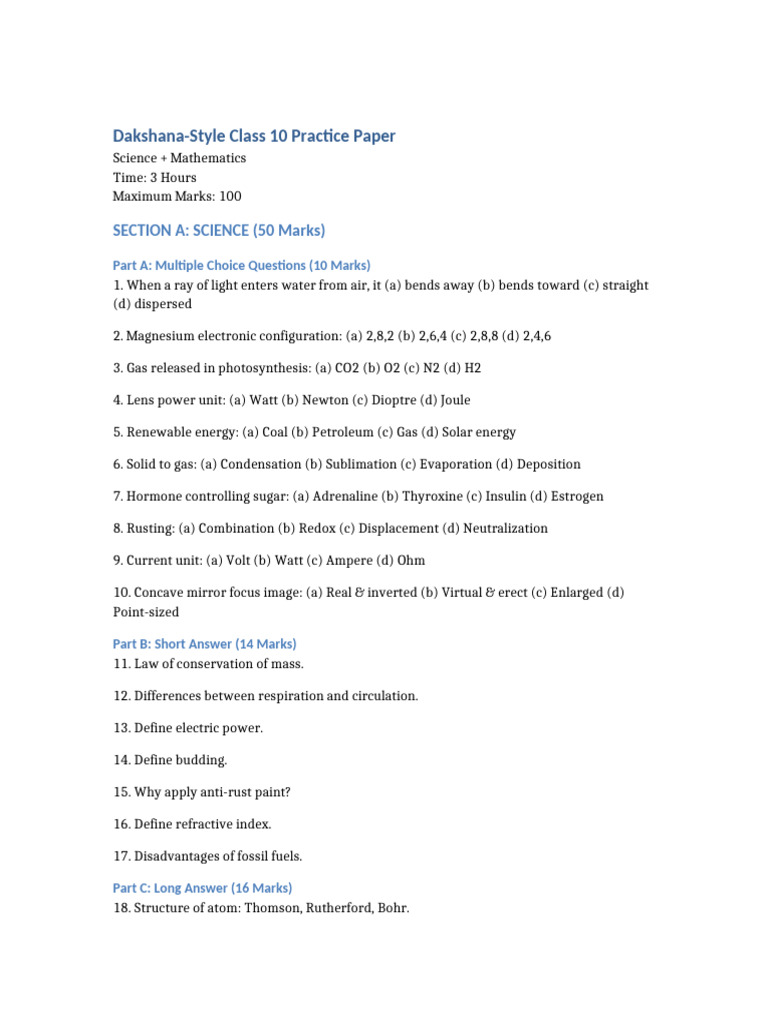 Class10 Dakshana Practice Paper | PDF
