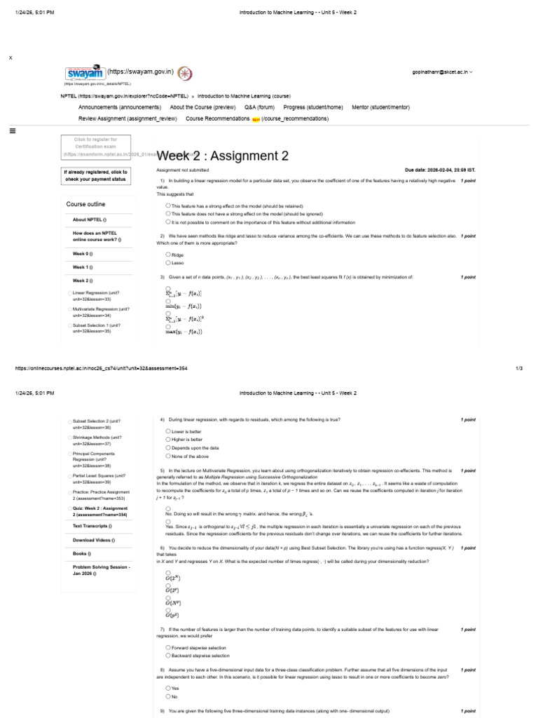 Introduction To Machine Learning - Unit 5 - Week 2 | PDF | Regression ...