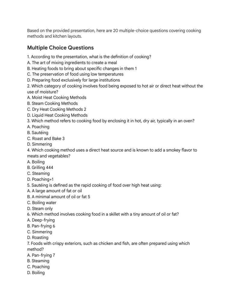 Cooking Methods and Kitchen Layouts Quiz | PDF | Cooking | Roasting