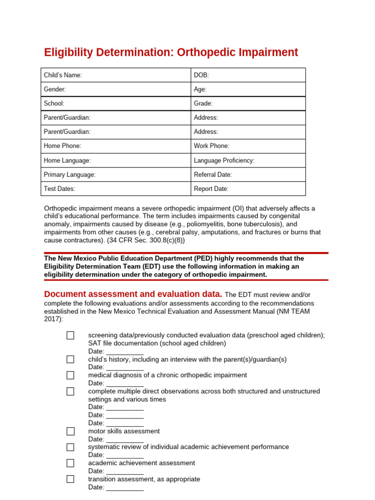 Orthopedic Impairment Eligibility Determination Form | PDF | Special ...