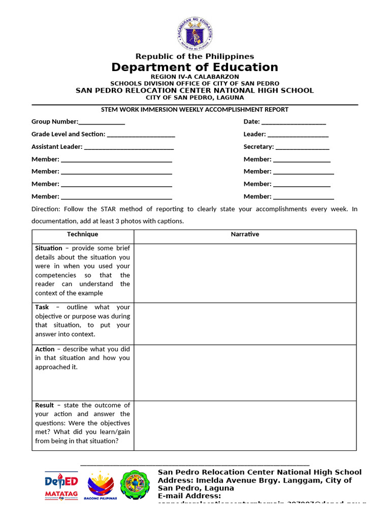 Stem Work Immersion Weekly Accomplishment Report | PDF | Cognition ...