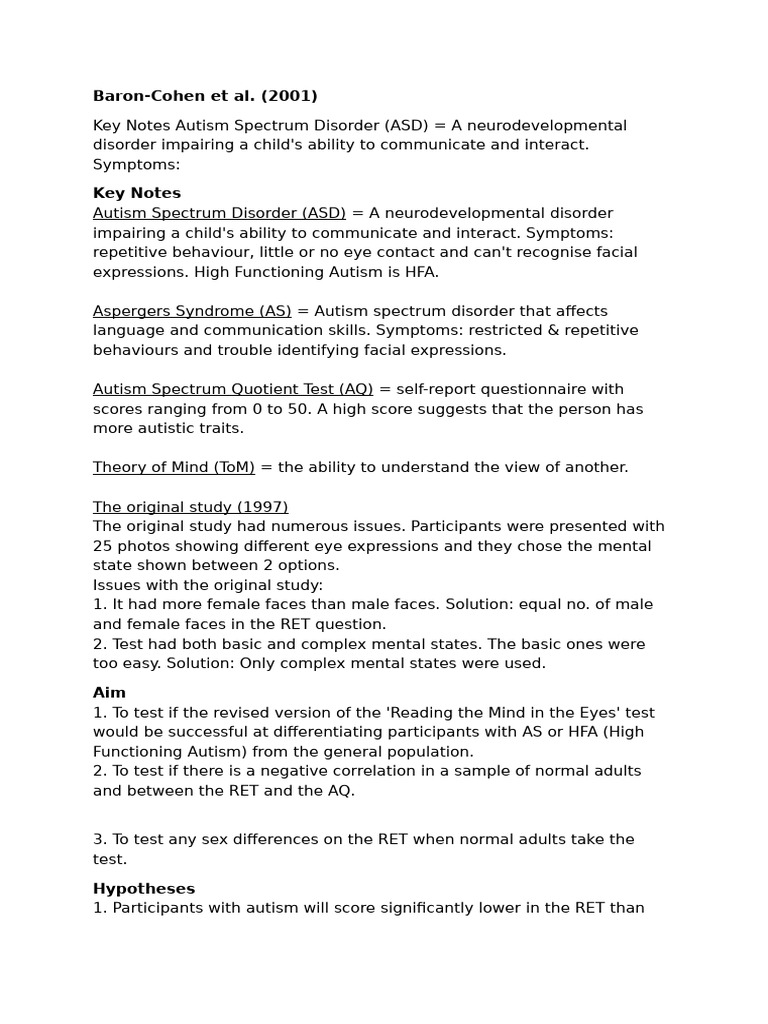 Eyes Test Notes | PDF | Autism | Behavioural Sciences