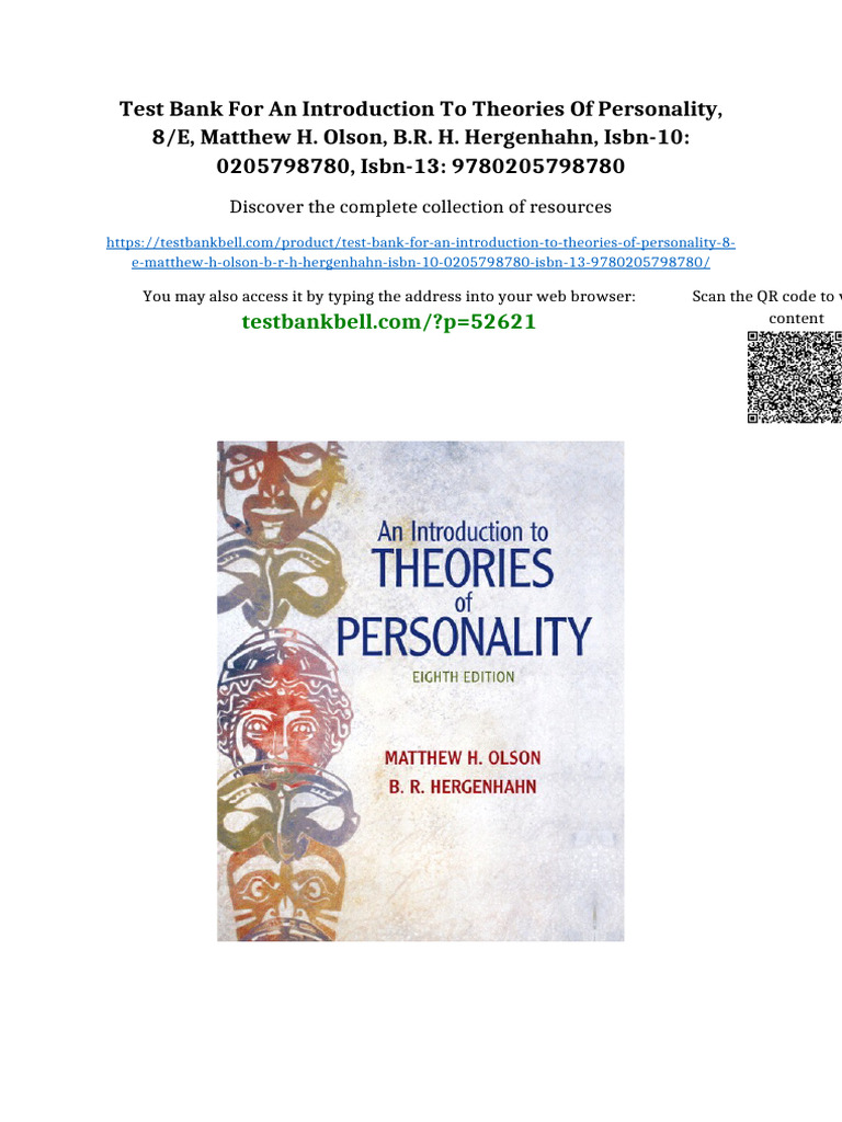 Test Bank for An Introduction to Theories of Personality, 8/E, Matthew ...