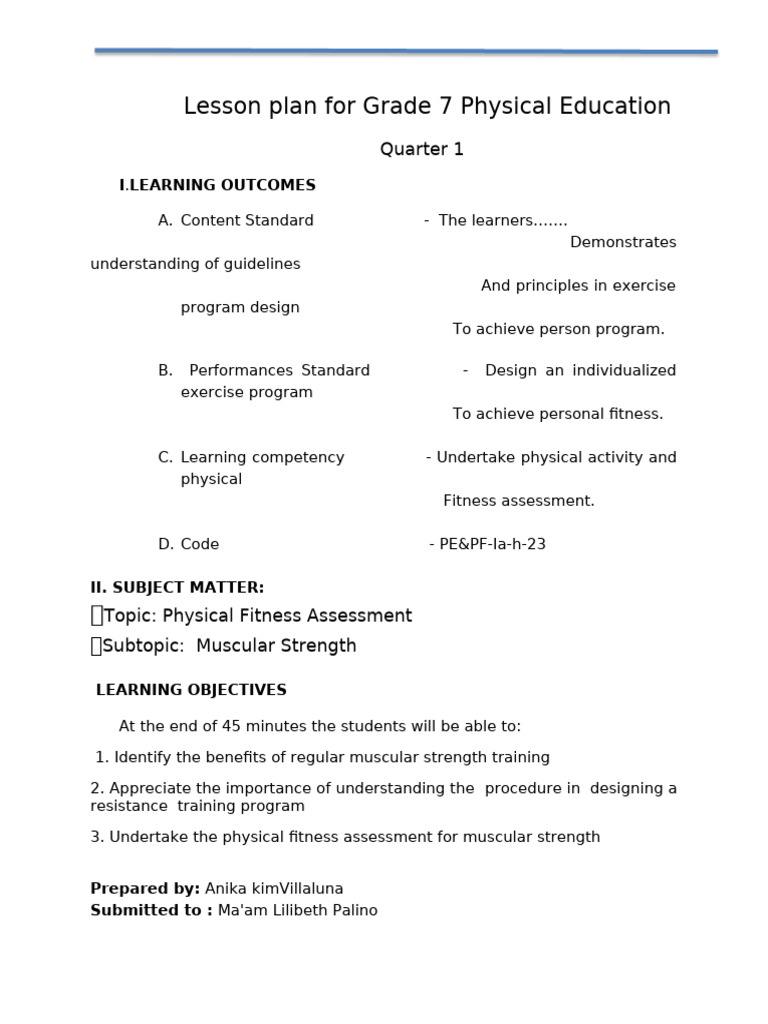 Lesson Plan For Grade 7 Physical Education | PDF