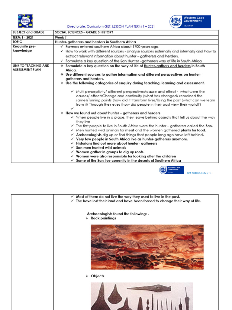 Lesson1 Plan IP Grade 5 SS History T11 W1 | PDF | Rock Art | Curriculum
