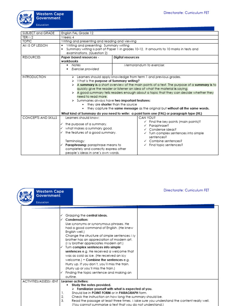 English FAL Summary Grade 12 Term 2 Week 4 - 2020 2 | PDF | Curriculum ...