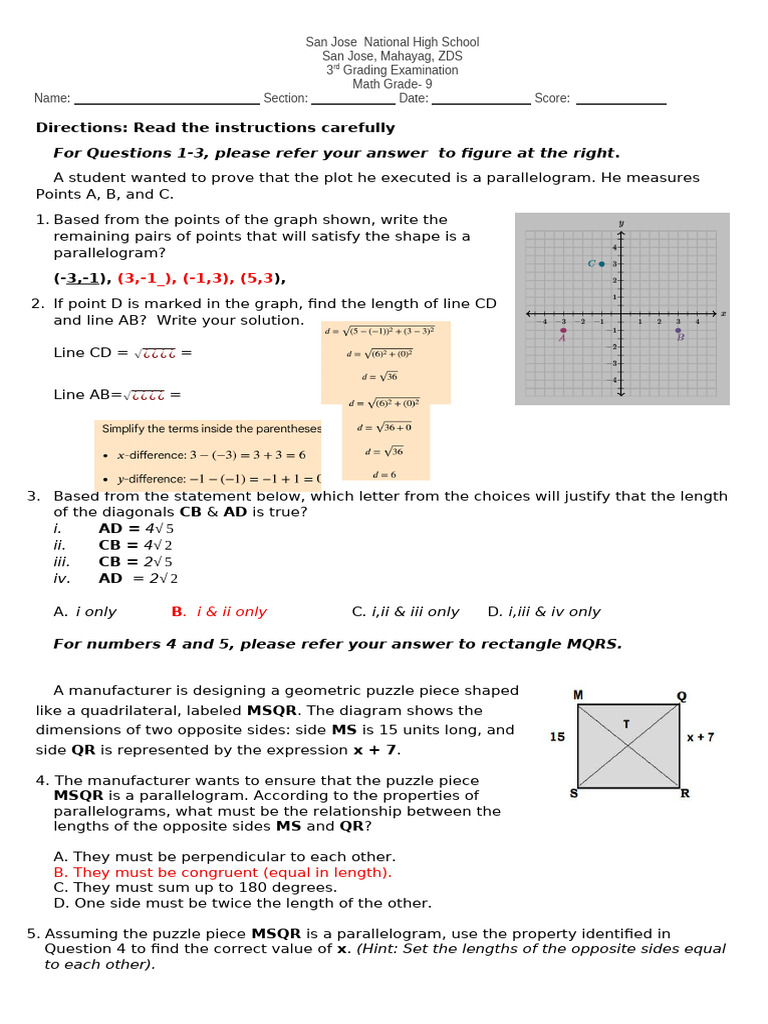 Q3 Exam MATH 9 PISA-like TQs Answer Key | PDF | Angle | Triangle