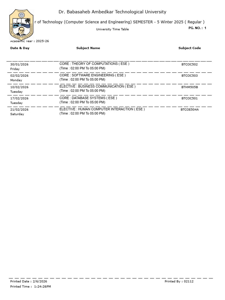 University Time Table Third Year | PDF