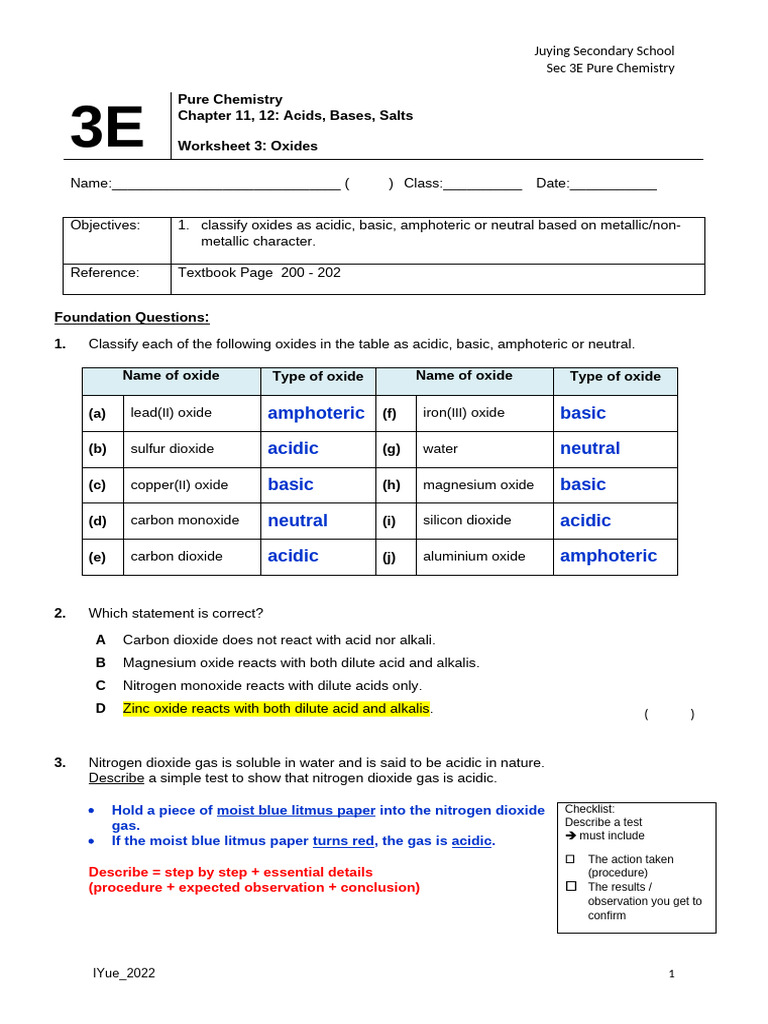 2022 3E Pure Chem - WS3 Oxides_ans | PDF | Oxide | Solubility