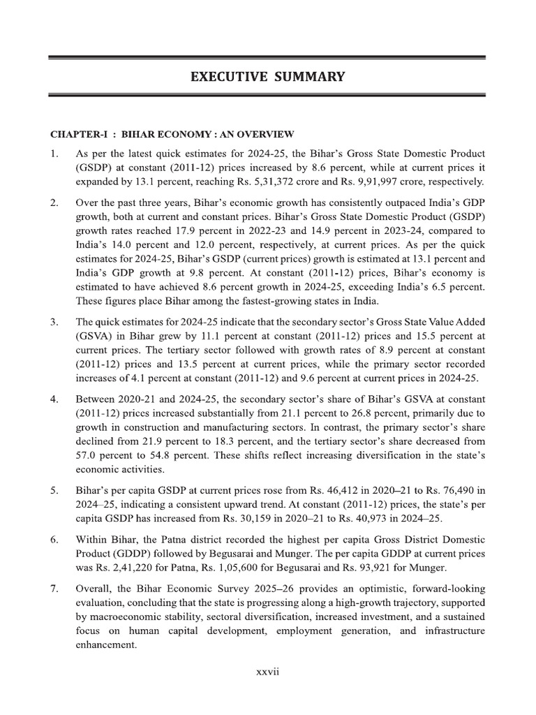 Summary - Bihar Economic Survey (2025-2026) English | PDF