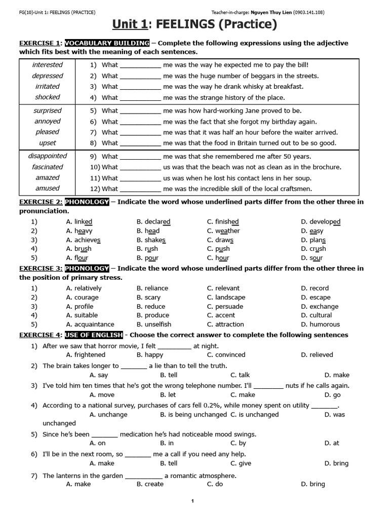 Unit 1-FEELINGS (Practice) | PDF | Sleep