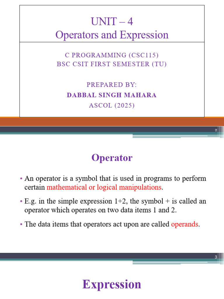 Unit - 4 Operators and Expression | PDF | Mathematics | Discrete ...