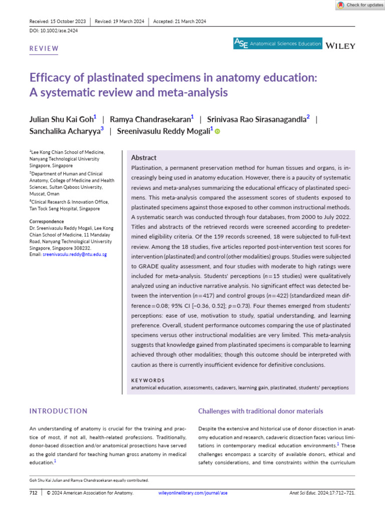 Efficacy of Plastinated Specimens in Anatomy Education | PDF ...