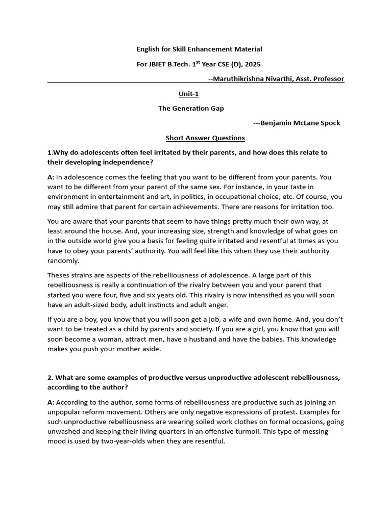 English For Skill Enhancement Material For Unit-1, 2025-26 | PDF ...