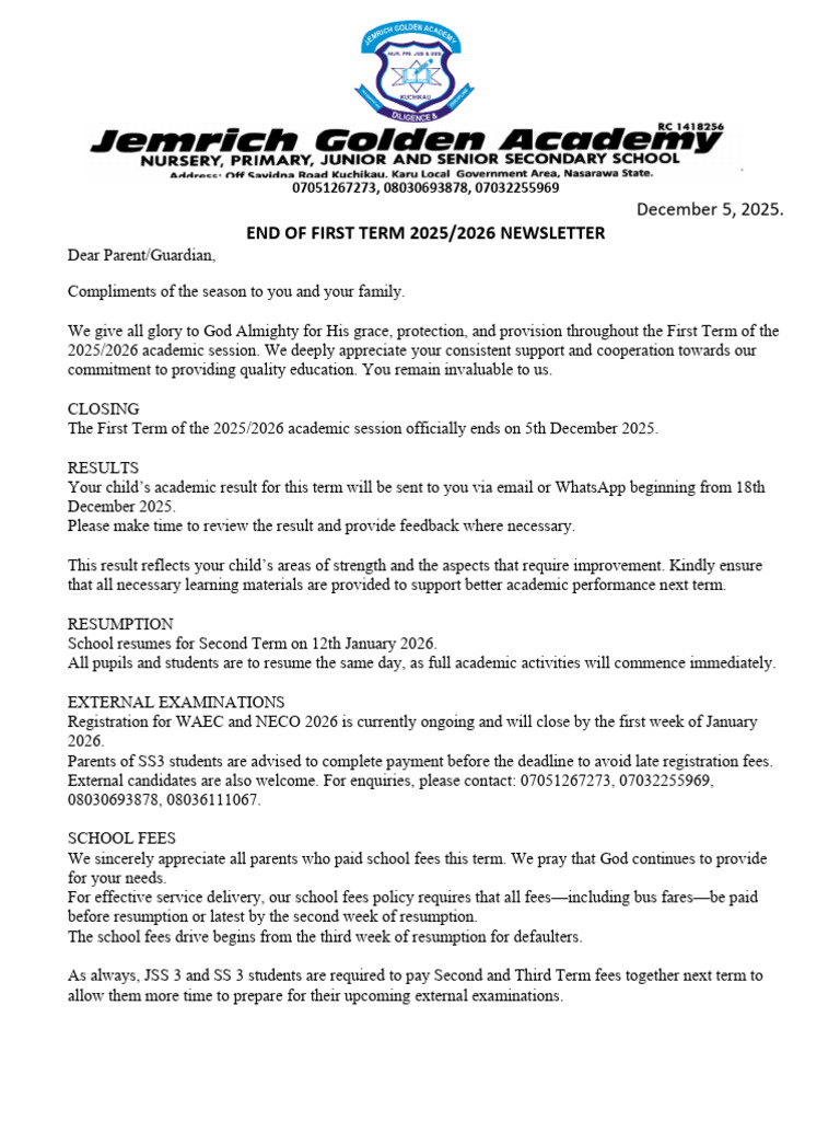 'NEW END OF FIRST TERM LETTER 2025 2026 - 123407' With You | PDF