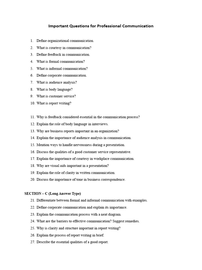Important Questions For Professional Communication | PDF ...