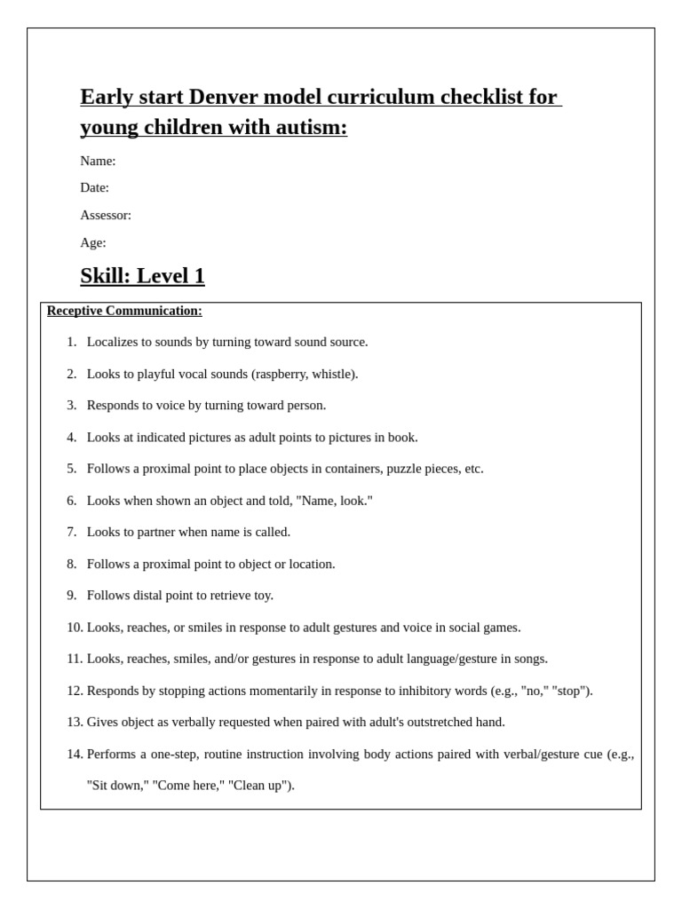 Early Start Denver Model Curriculum Checklist For Young Children With ...