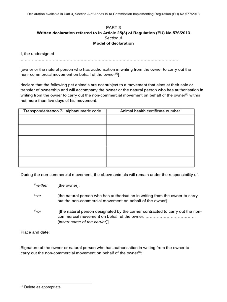 Pet Travel Declaration Non Commercial Movement | PDF