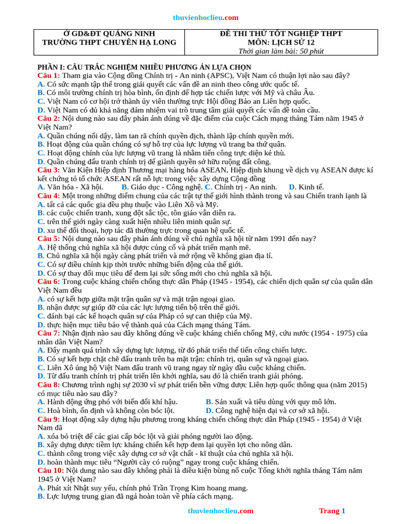 De Thi Thu TN THPT 2026 Mon Lich Su Chuyen Ha Long | PDF