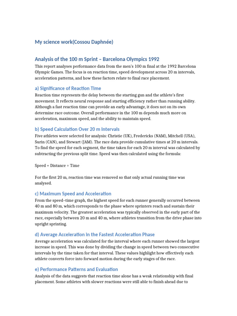 Personalized 100m Sprint Analysis | PDF | Mental Chronometry | Acceleration