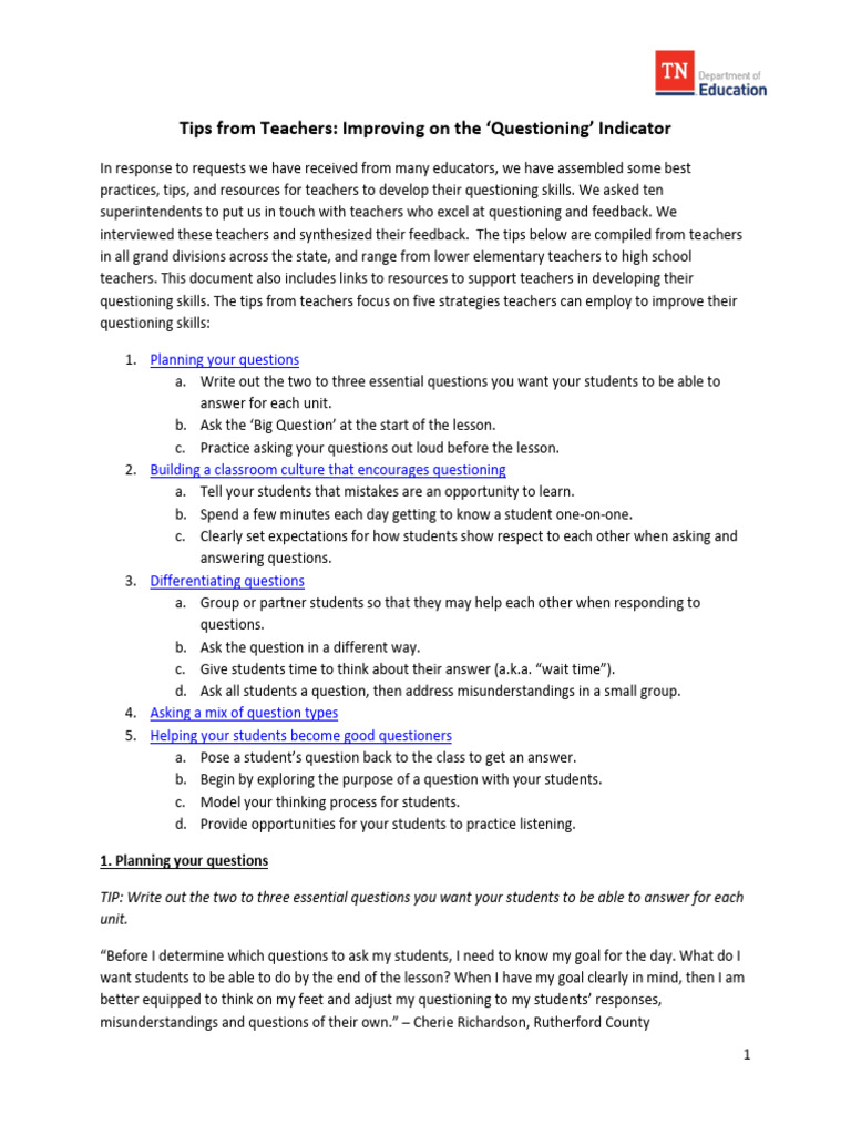 Handout Tips For Teachers - Improving The Question Indicator | PDF