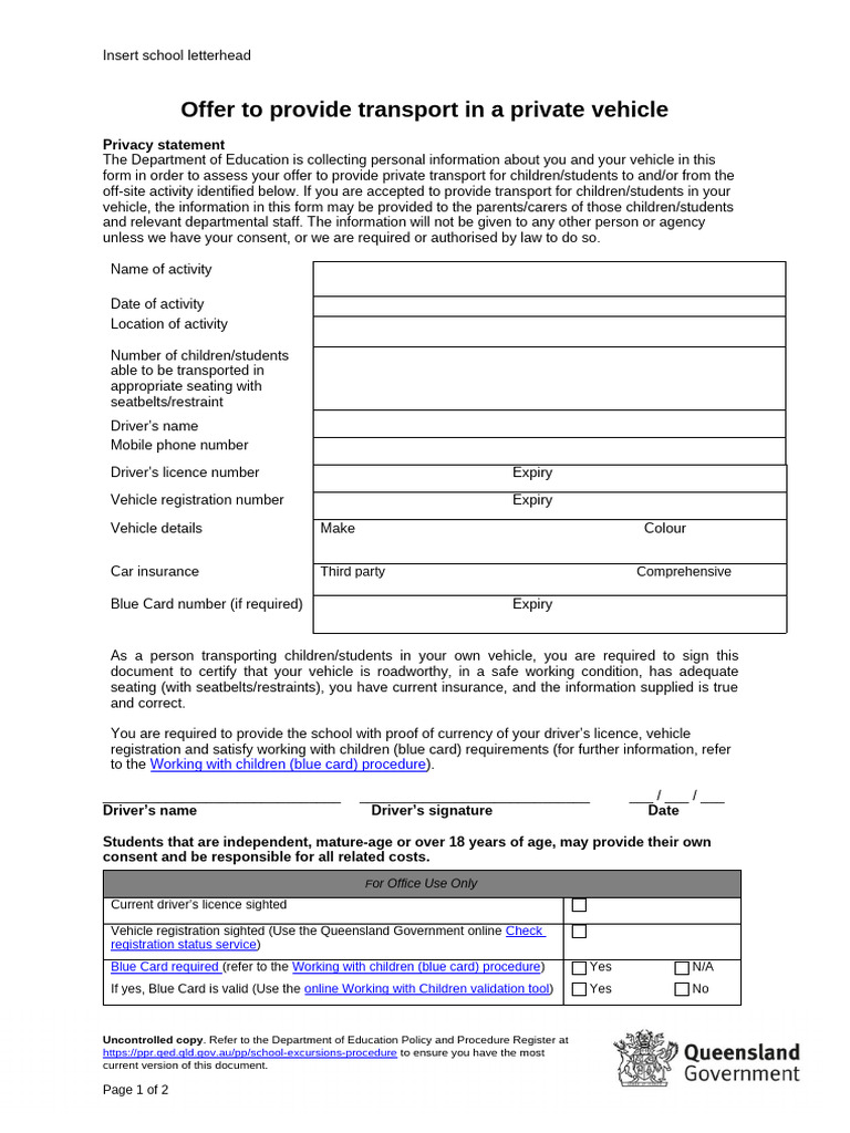 Offer to Provide Transport in a Private Vehicle Form | PDF | Driver's ...