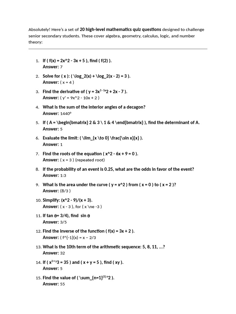Maths Quiz Senior | PDF
