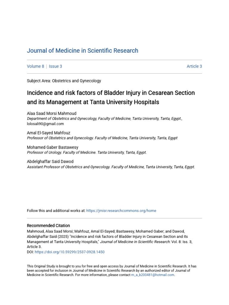Incidence and Risk Factors of Bladder Injury in Cesarean Section | PDF ...
