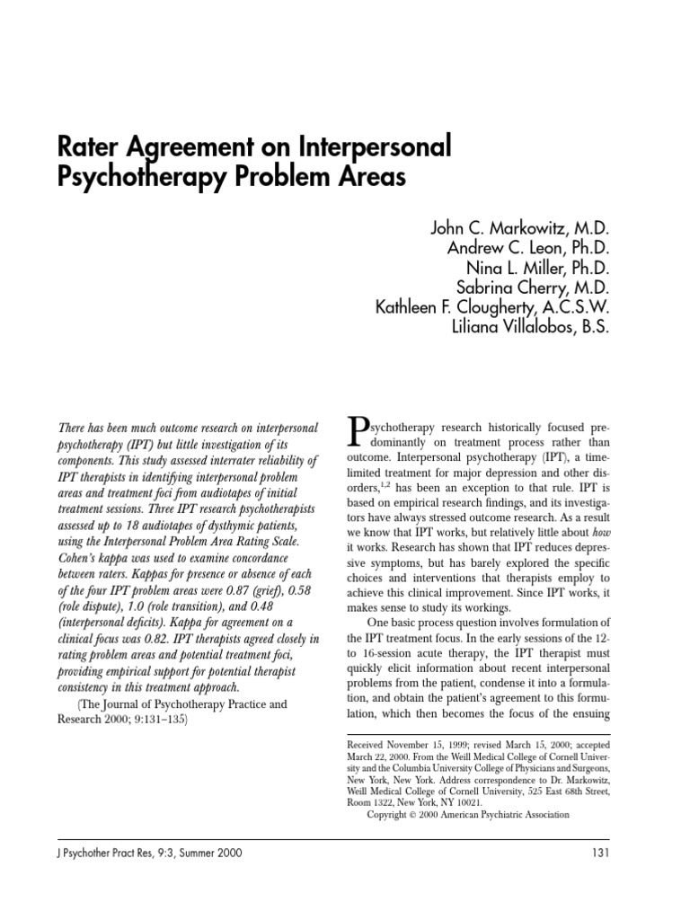 Rater Agreement on Interpersonal Psychotherapy Problem Areas | PDF ...