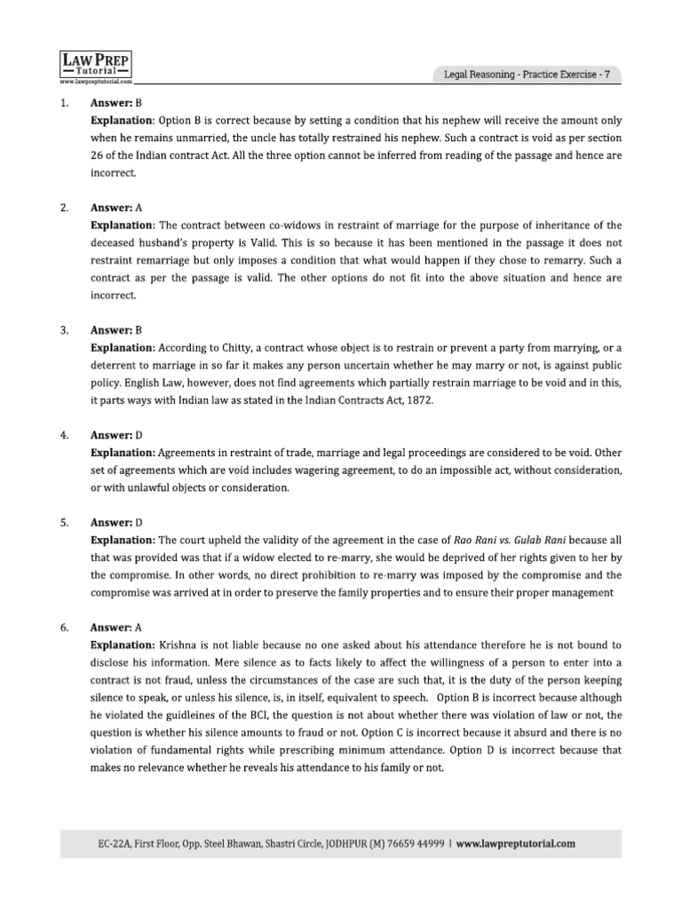 Legal Reasoning (Part-7) - Practice Exercise (Law of Contract) - Answer ...