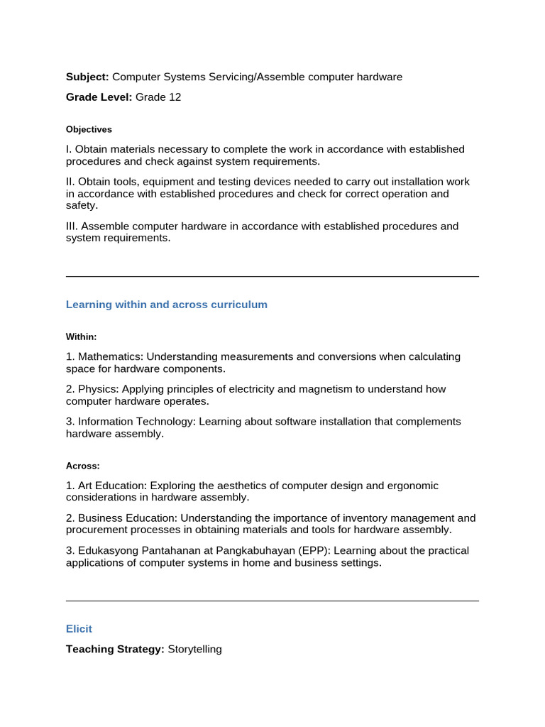 Lesson - Plan - Computer Systems Servicing - Assemble Computer Hardw ...
