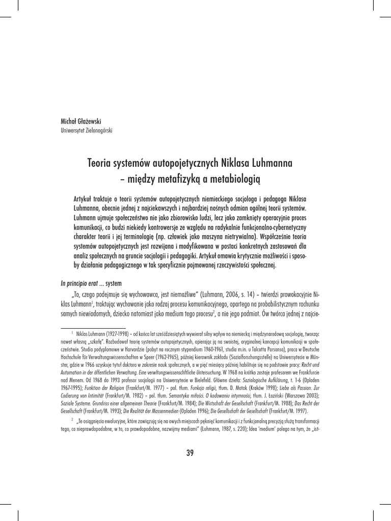 Michal Glazewski Teoria Systemow Autopojetycznych Niklasa Luhmanna | PDF
