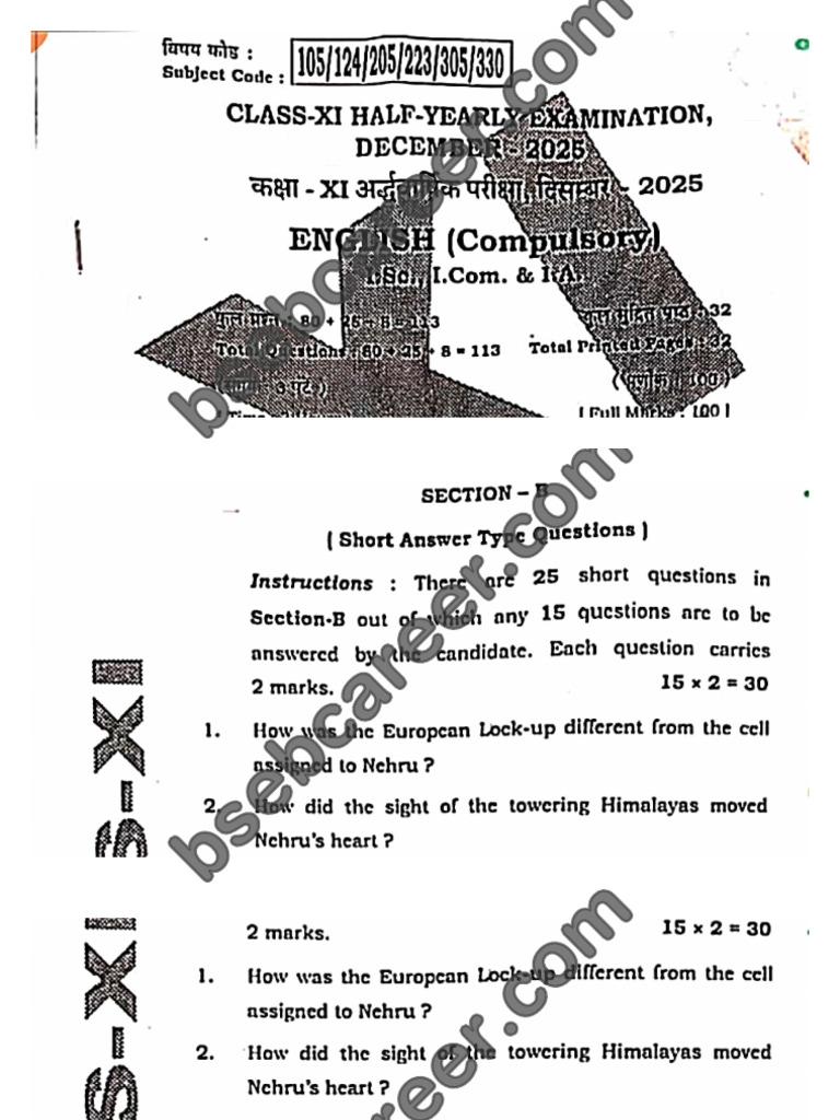 11th Half Yearly English Subjective Answer 2025 | PDF