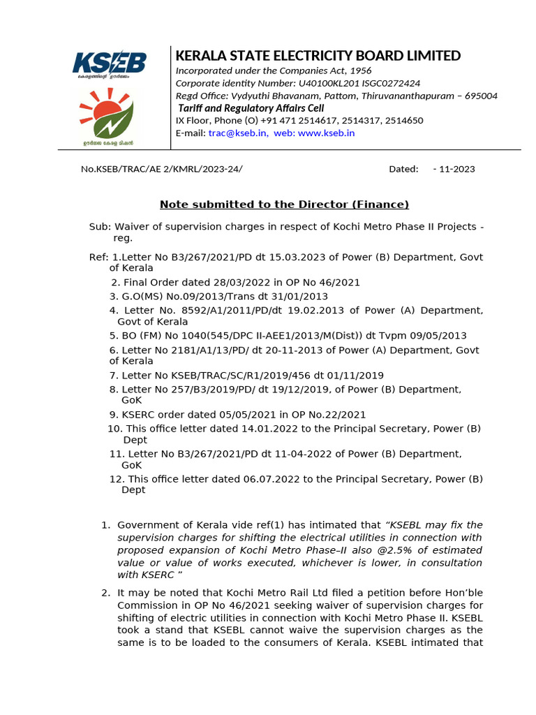 FTD Kochi Metro Sup Charge | PDF