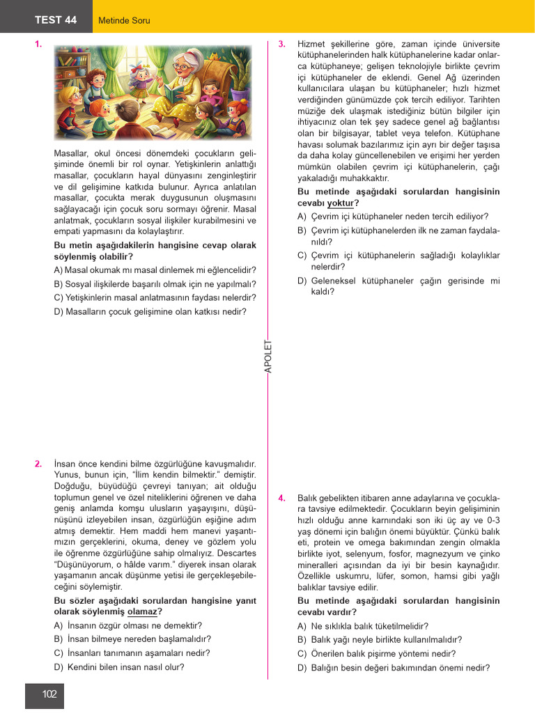 Apolet Yayınları 7 Sınıf Türkçe Test 44-46 | PDF