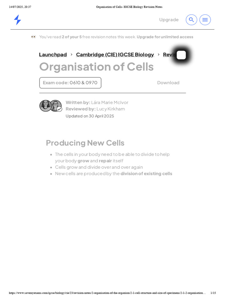 Organisation of Cells- IGCSE Biology Revision Notes | PDF | Cell ...