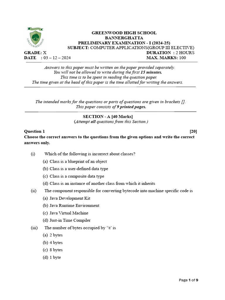 Grade 10 - 6S Computer Applications - PRELIMINARY EXAM - 1 2024 | PDF ...