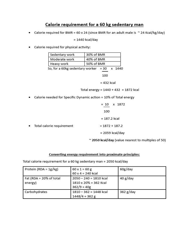 Calorie Requirement For A 60 KG Sedentary Man | PDF